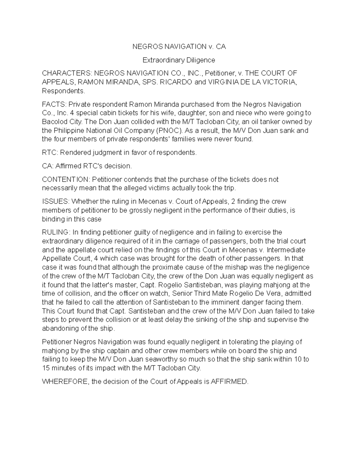 Negros Navigation vs - BS Legal Management - Studocu