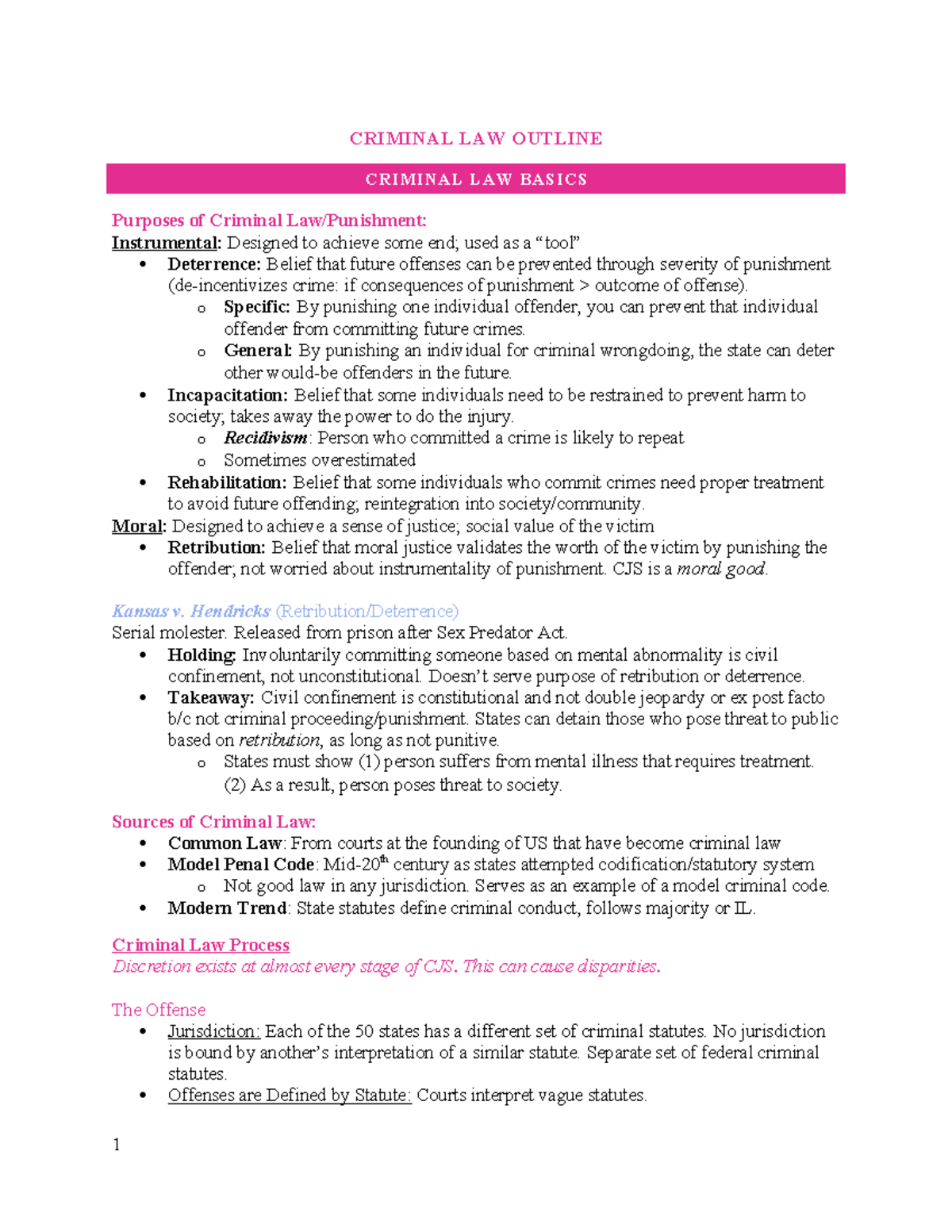Criminal Law Outline - CRIMINAL LAW OUTLINE CRIMINAL LAW BASICS ...