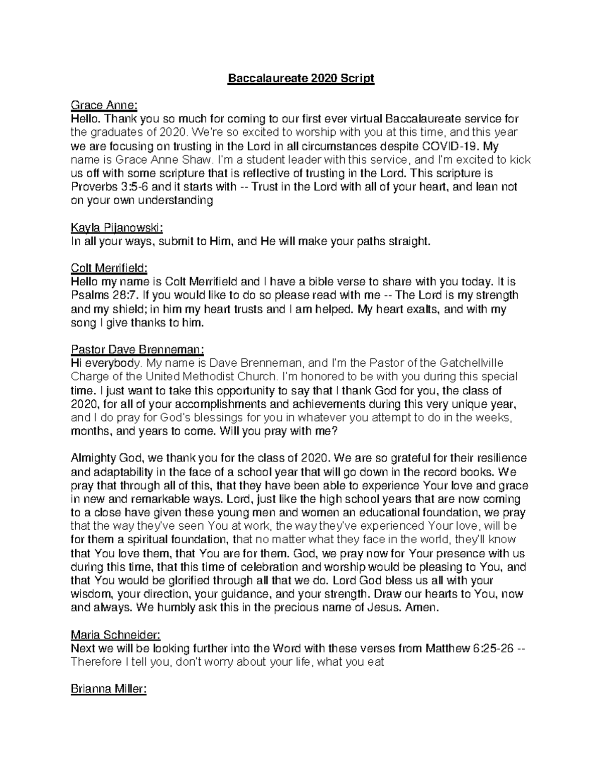 KDHS Baccalaureate Script - Baccalaureate 2020 Script Grace Anne: Hello ...