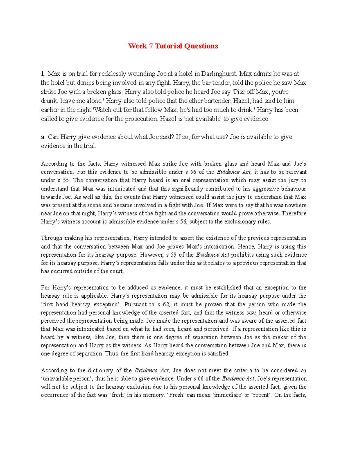 Week 7 Tutorial Questions - Week 7 Tutorial Questions Max is on trial ...