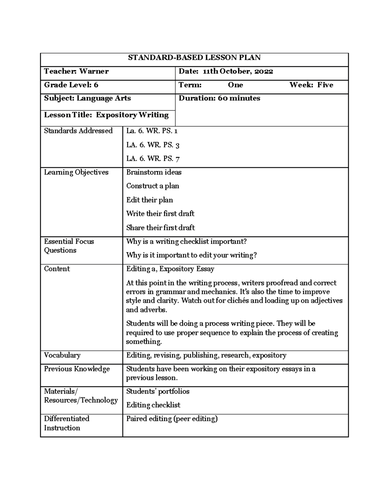 Expository How to - Lesson plans from 2015 - STANDARD-BASED LESSON PLAN ...