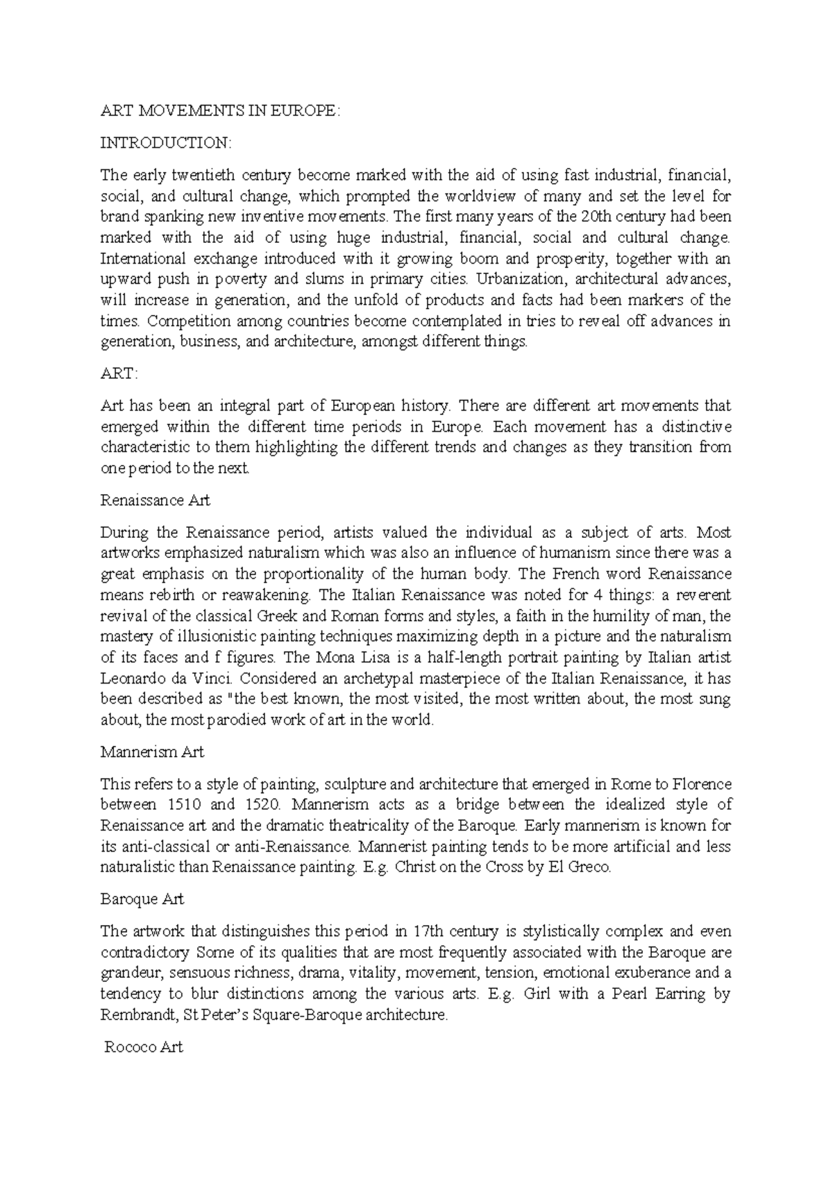 Art movements - ART MOVEMENTS IN EUROPE: INTRODUCTION: The early ...