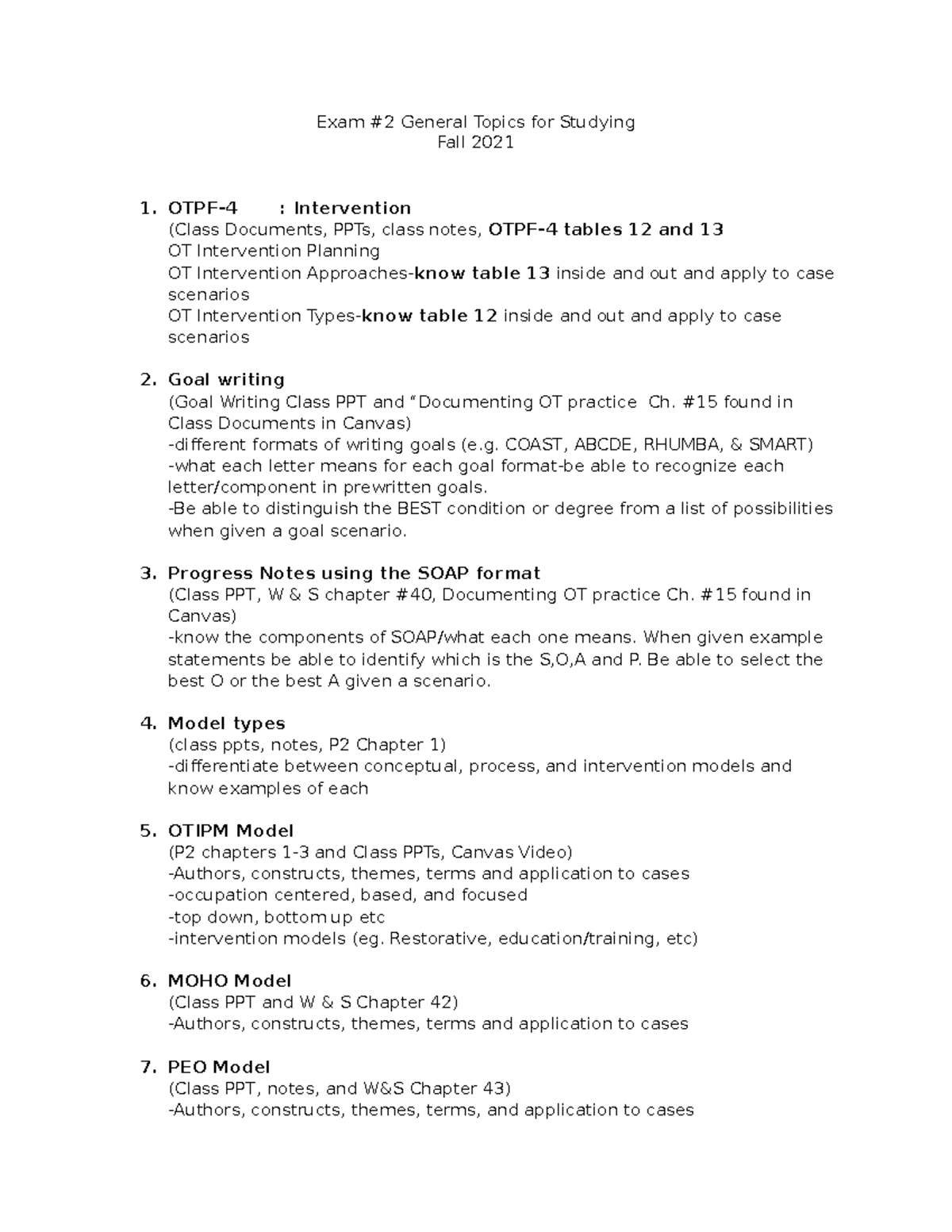 Exam #2 Study Guide Fall 2021 - OT 710 - UNH - Studocu