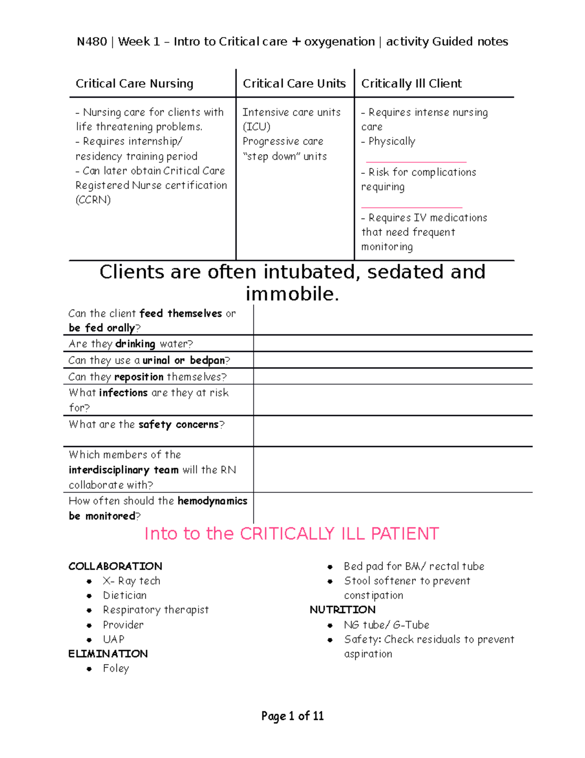Guided Notes N480 Week 1 Intro & Oxygenation - Critical Care Nursing ...