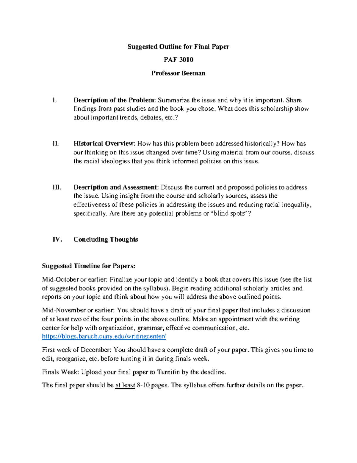 3010 Final Paper Outline - Suggested Outline for Final Paper PAF 3010 ...