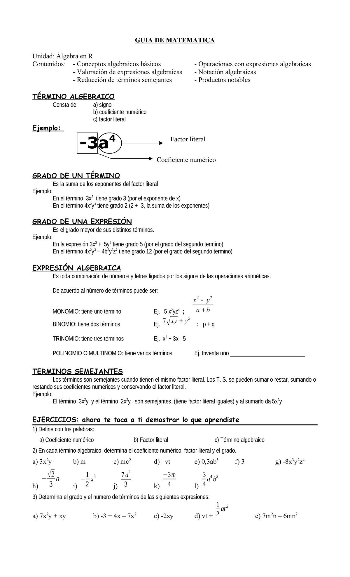 Algebra - GUIA DE MATEMATICA Unidad: Álgebra en R Contenidos ...