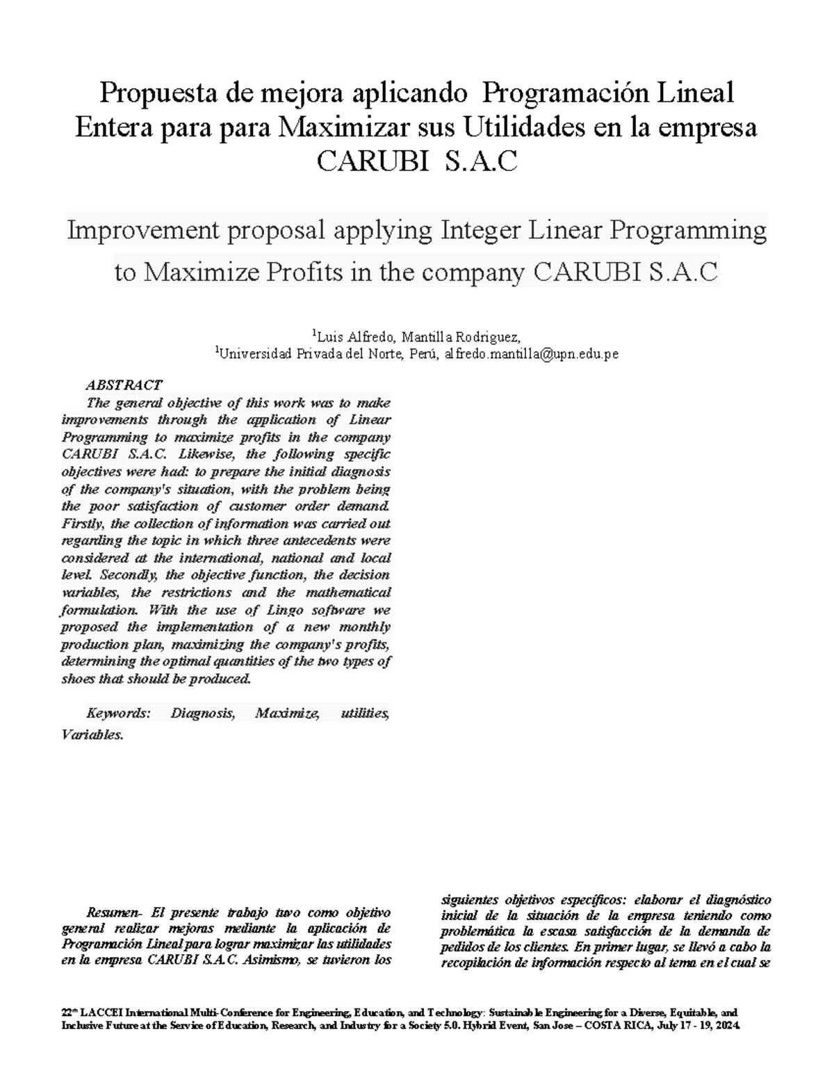 Esquema Paper - Proyecto Grupal (1) - Propuesta de mejora aplicando Programación Lineal Entera ...