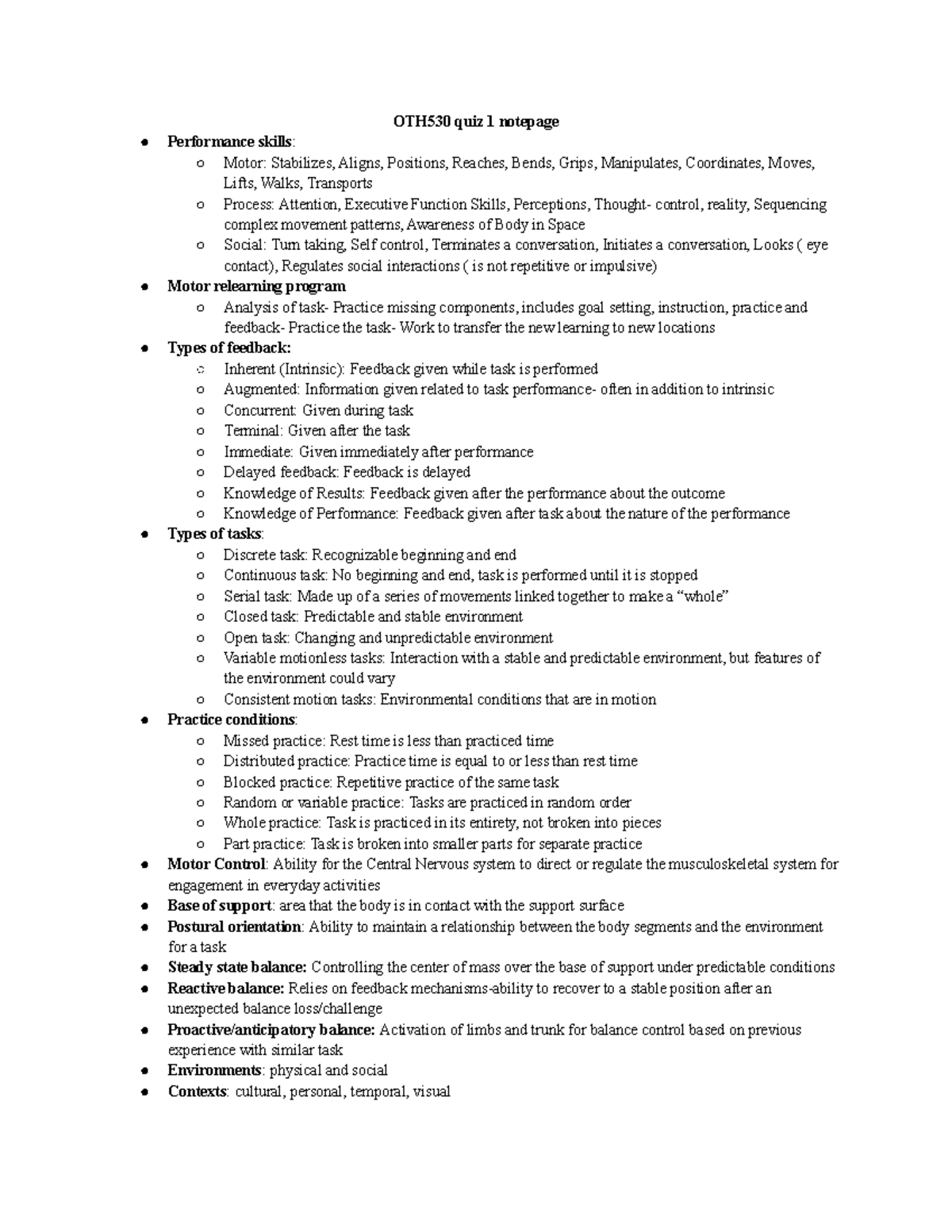 530 quiz 1 notepage - Motor performance lecture notes - OTH530 quiz 1 ...