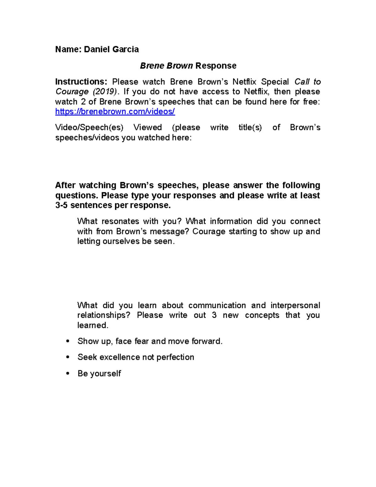 COMS010 Brene Brown Speech response - Name: Daniel Garcia Brene Brown ...