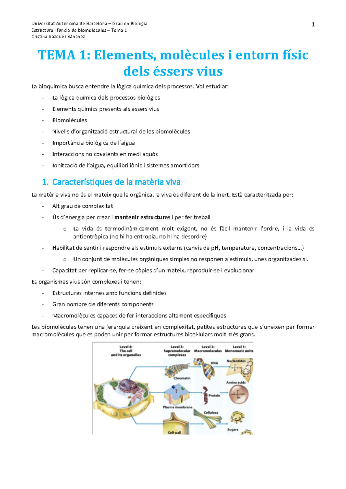 TEMA 1 EFB - Elements, molècules i entorn físic dels éssers vius - Universitat Autònoma de - Studocu