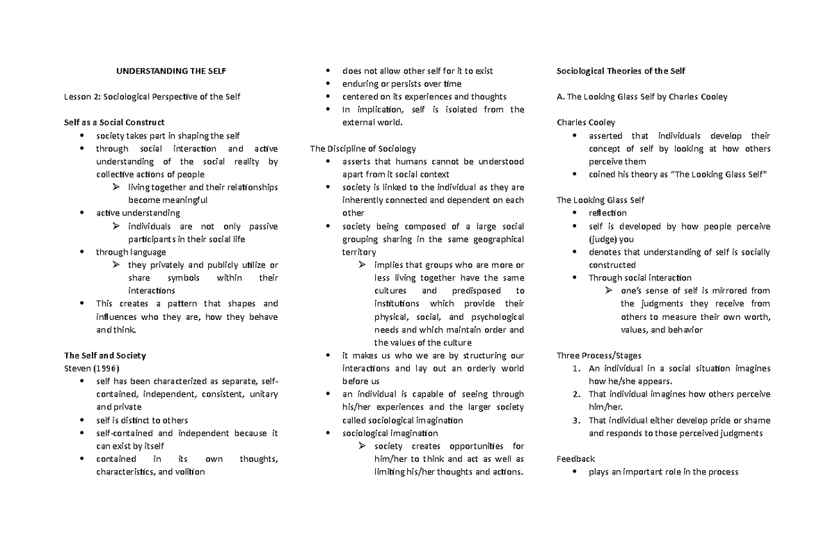 Lecture 2 Notes - Understanding the self - UNDERSTANDING THE SELF ...