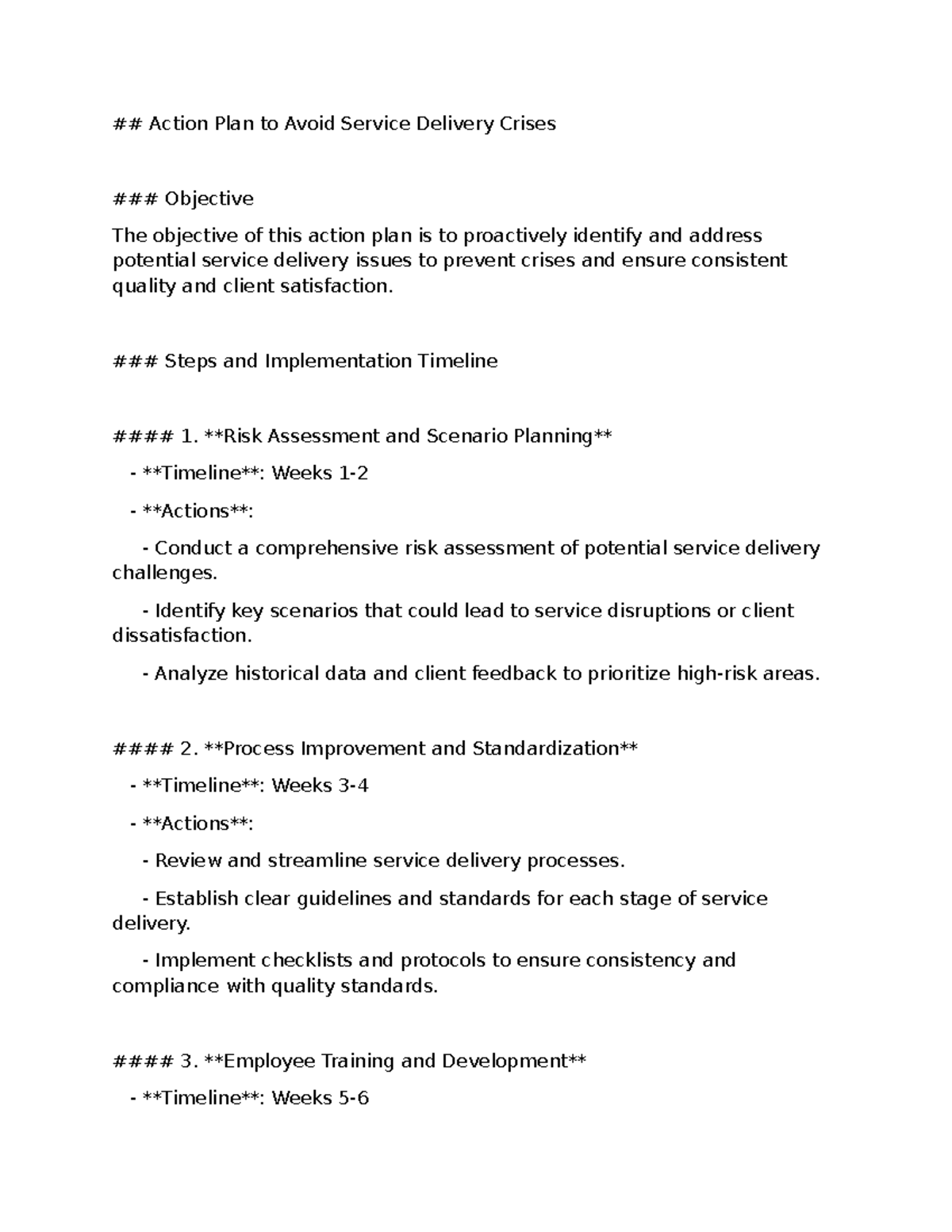 12 - Summaries - Action Plan to Avoid Service Delivery Crises Objective ...