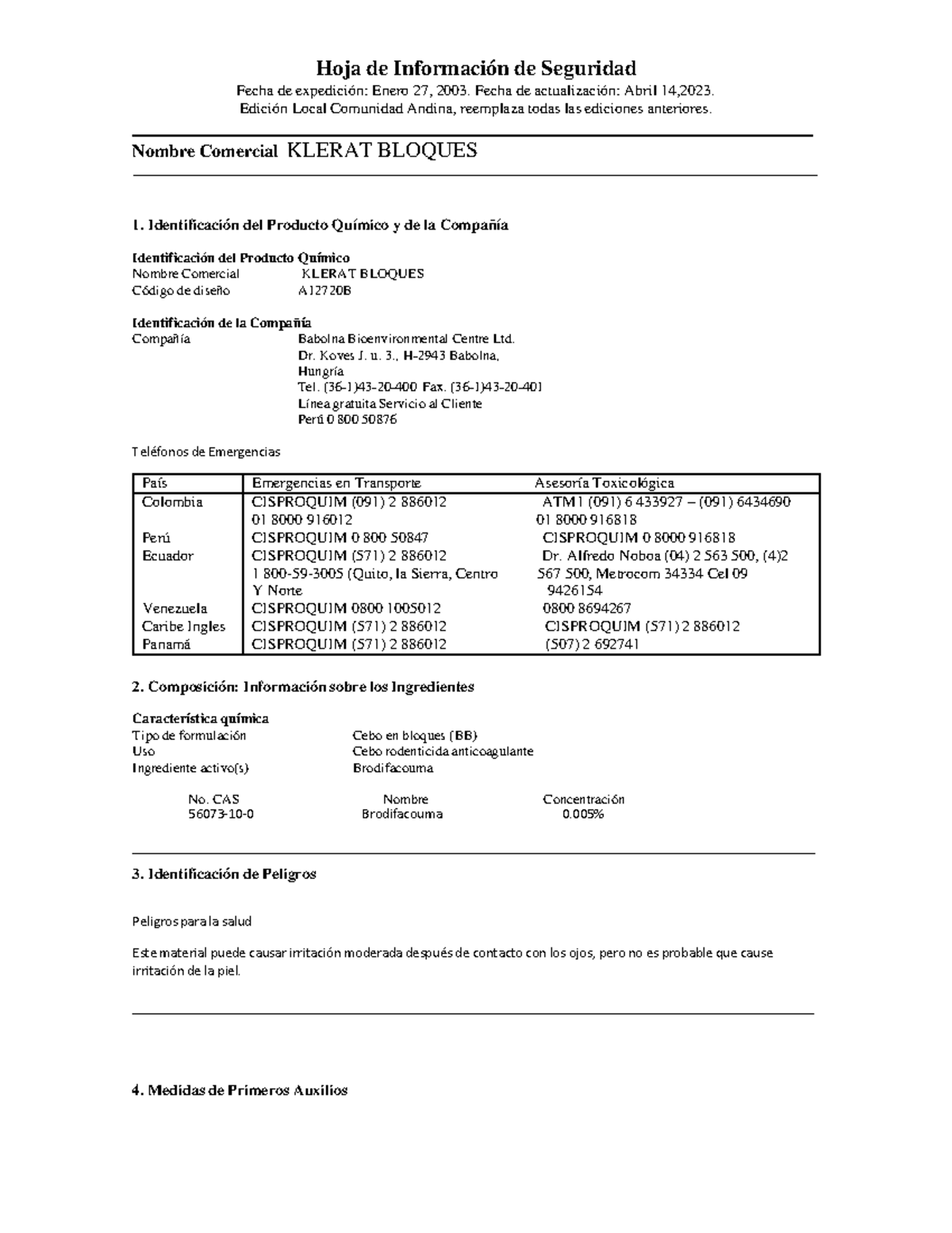 MSDS Klerat bloques Babolna - Fecha de expedición: Enero 27, 2003 ...