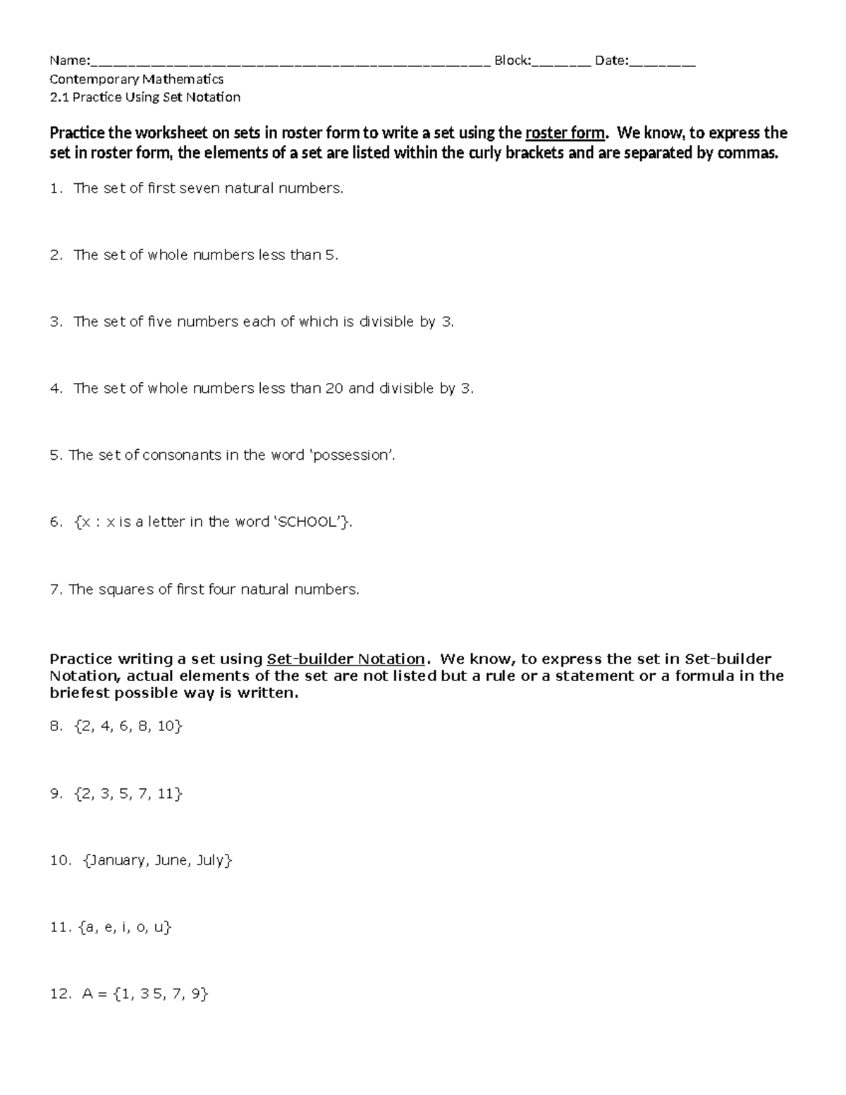 2 1 Practice Using Set Notation Name