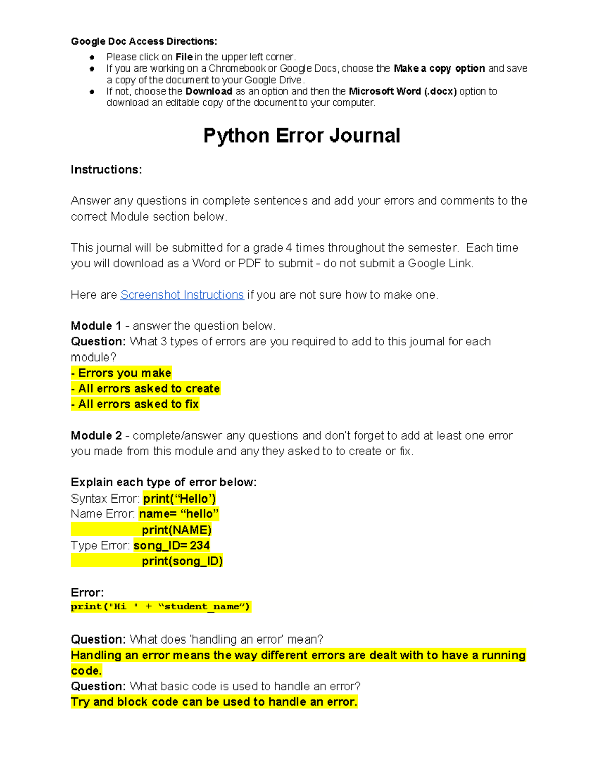 Error Journal Practice - Please click on File in the upper left corner ...