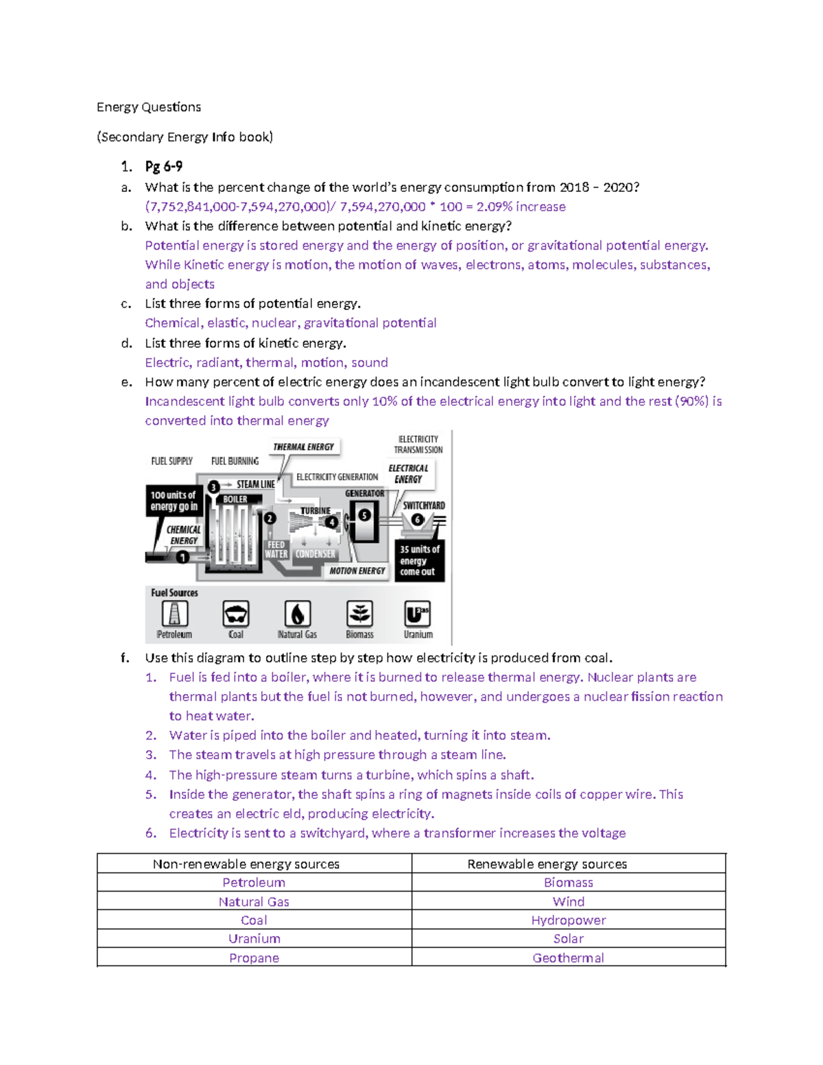 Energy Questions-1 - Energy Questions (Secondary Energy Info book) 1 ...