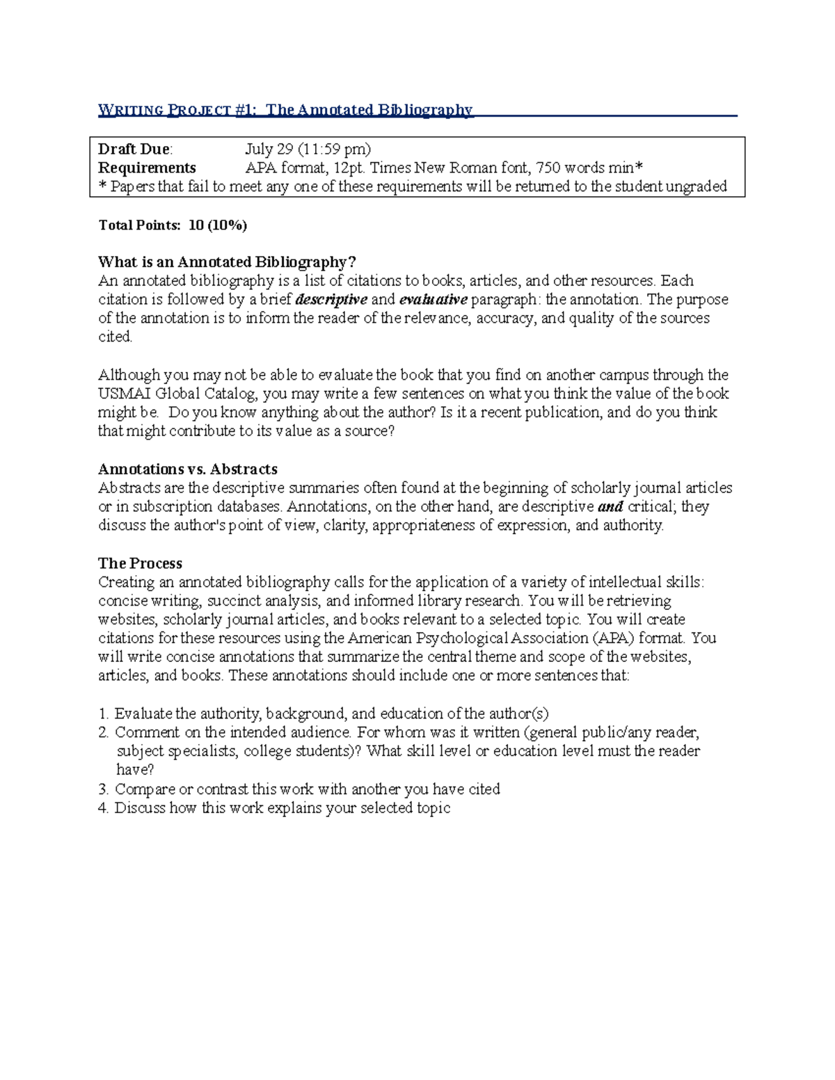 Writing Project #1- The Annotated Bibliograpy - WRITING PROJECT #1: The ...