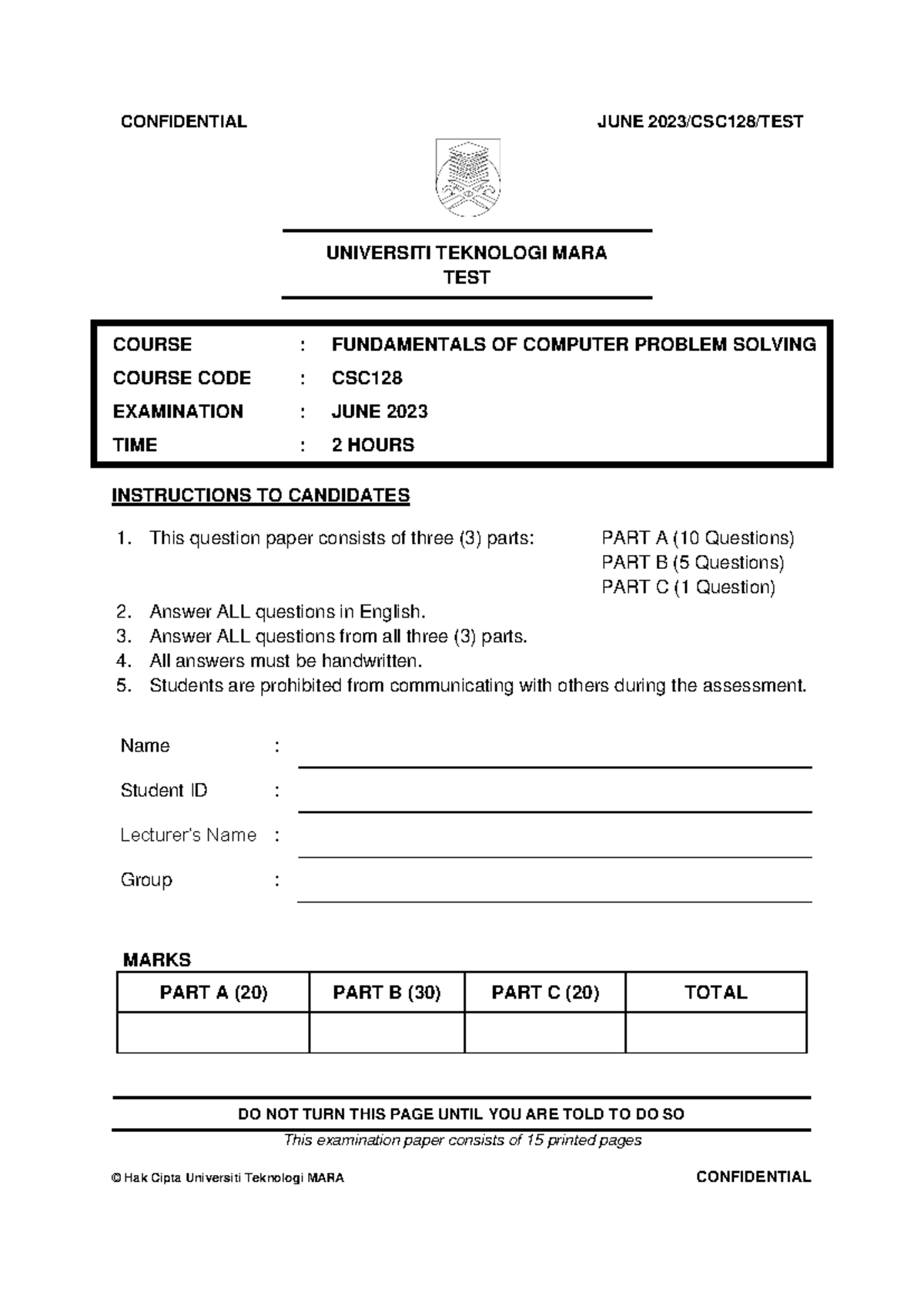 Csc128 Test Jun 2023 Set 2 Q Universiti Teknologi Mara Test Course Fundamentals Of