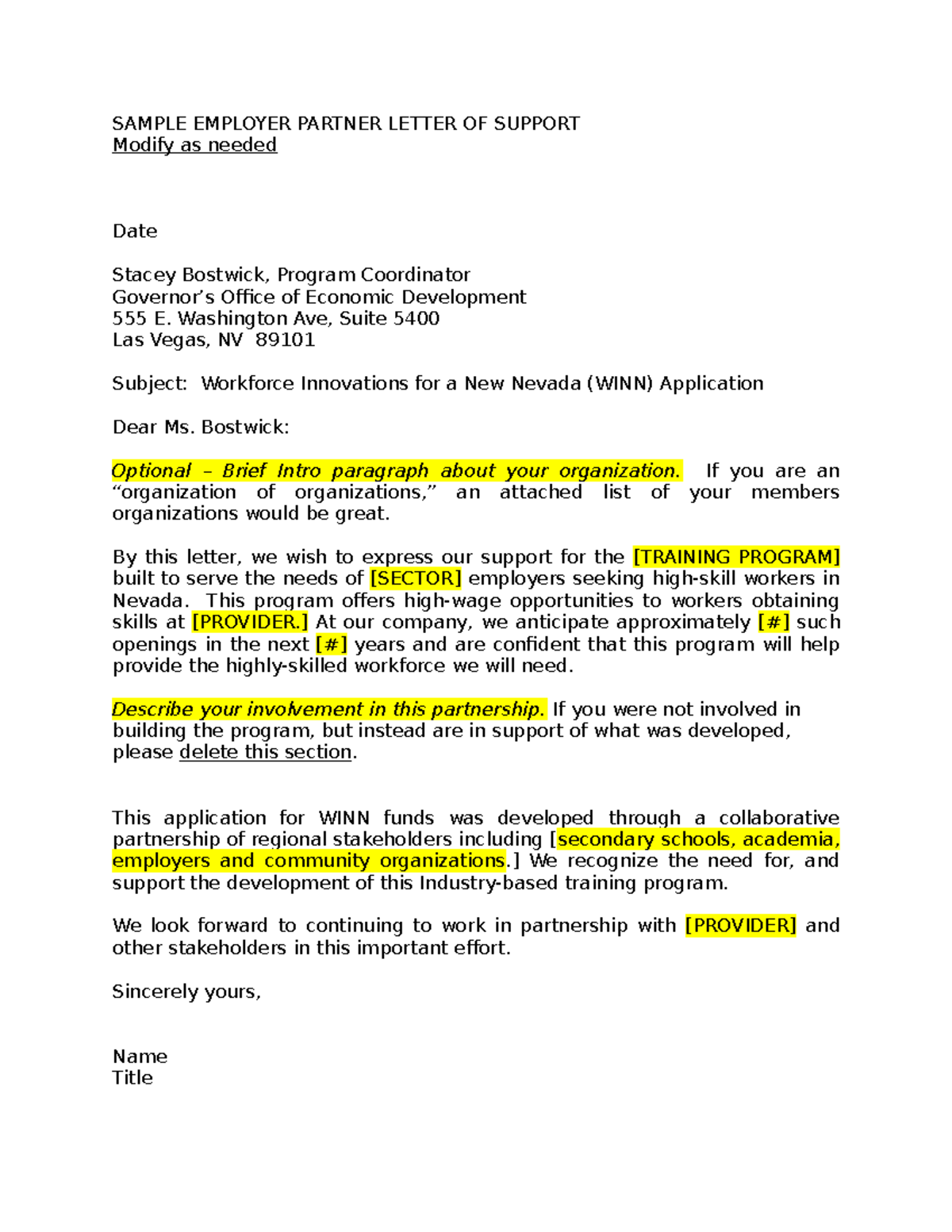 Sample Letter of Support - SAMPLE EMPLOYER PARTNER LETTER OF SUPPORT ...
