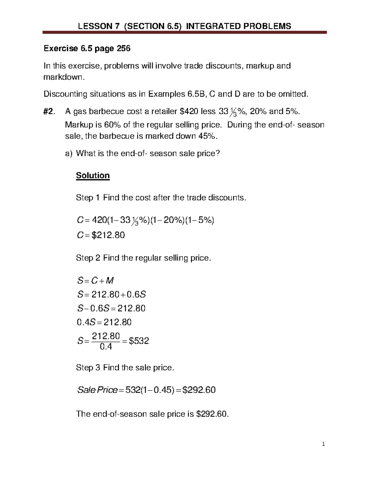 Lesson 7 6.5 Integrated Problems fall 2021 - Exercise 6 page 256 In ...