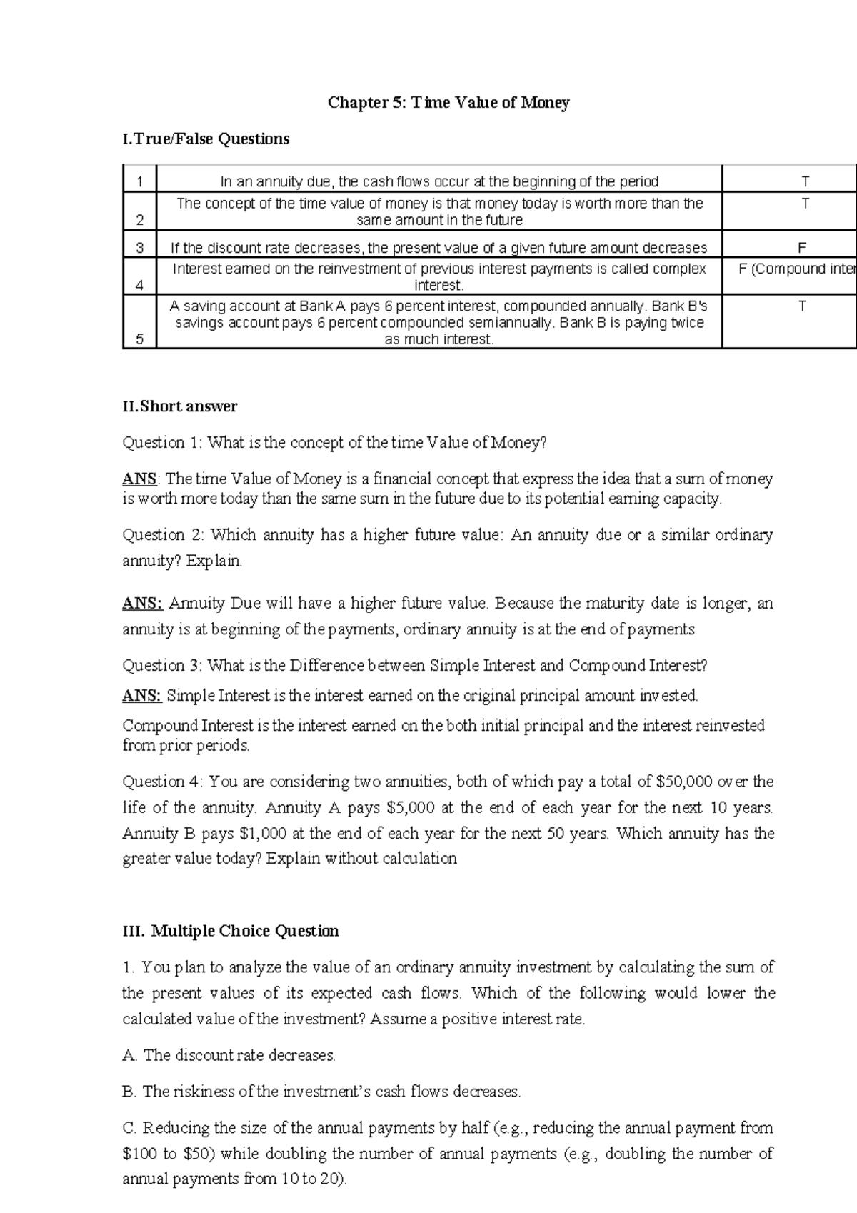 Chapter 5 Time value of money Student version - Chapter 5: Time Value of Money I/False Questions ...