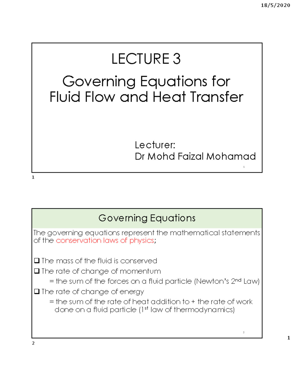 Governing Equations for Fluid Flow and Heat Transfer - Fluid Mechanic 2 - UiTM - Studocu