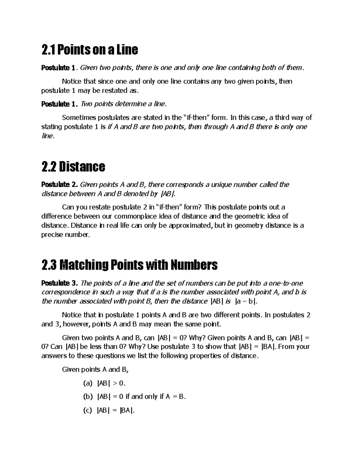 Modern Geometry - 2 Points on a Line Postulate 1. Given two points ...
