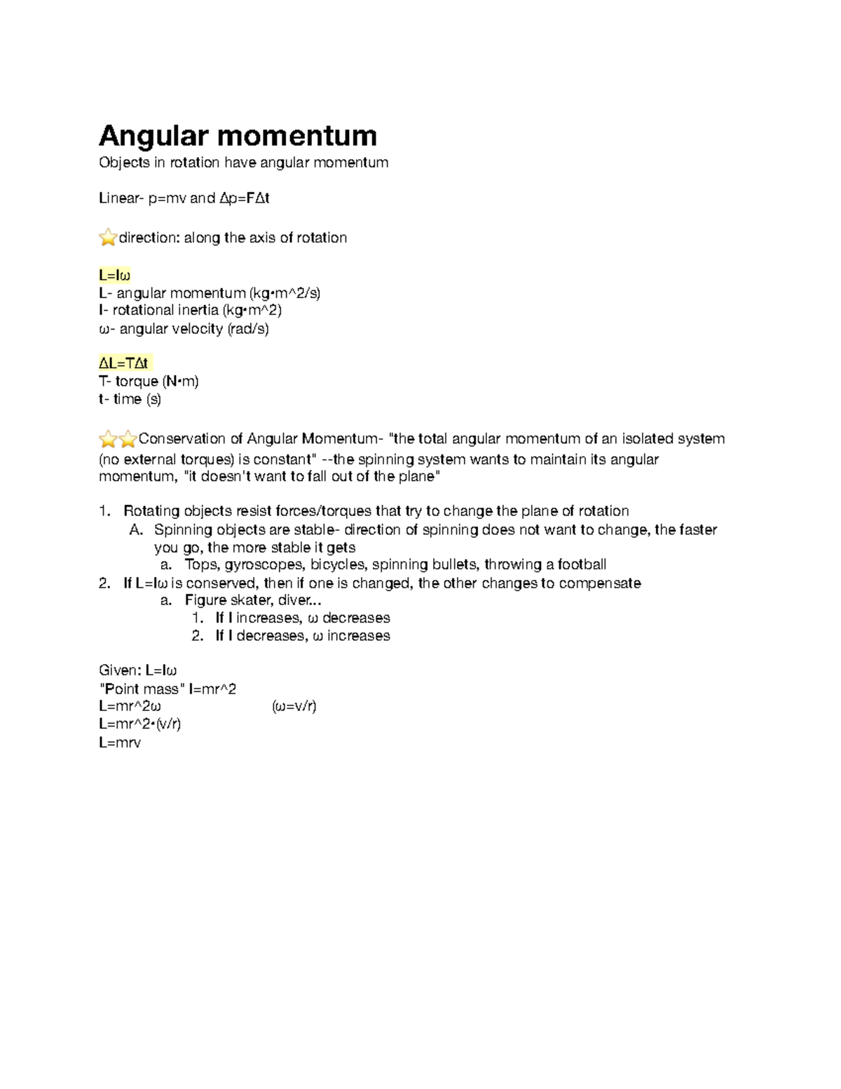 Angular momentum - Class notes from lecture from teacher Mr. Schmidt (a ...