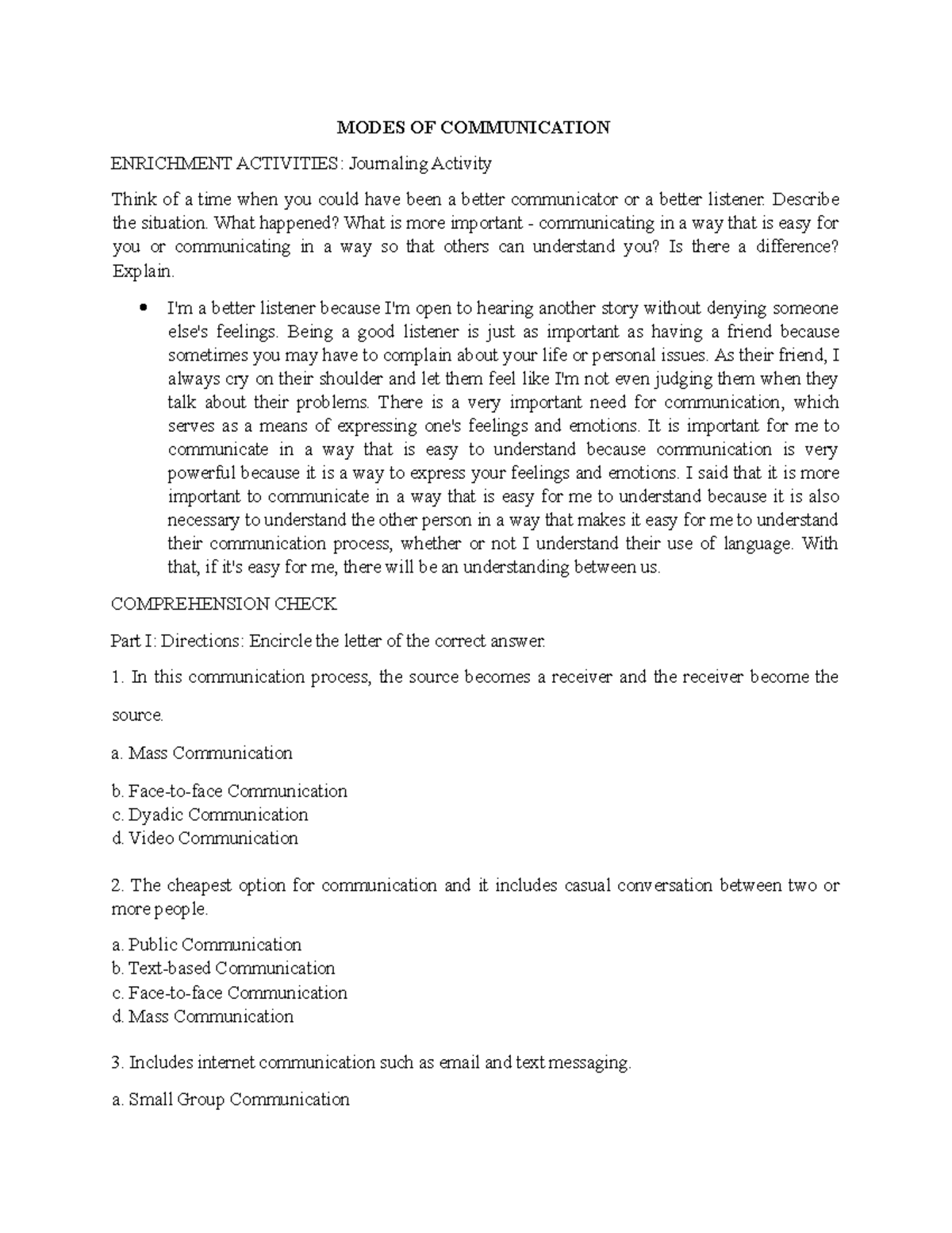 Modes of Communication - MODES OF COMMUNICATION ENRICHMENT ACTIVITIES ...