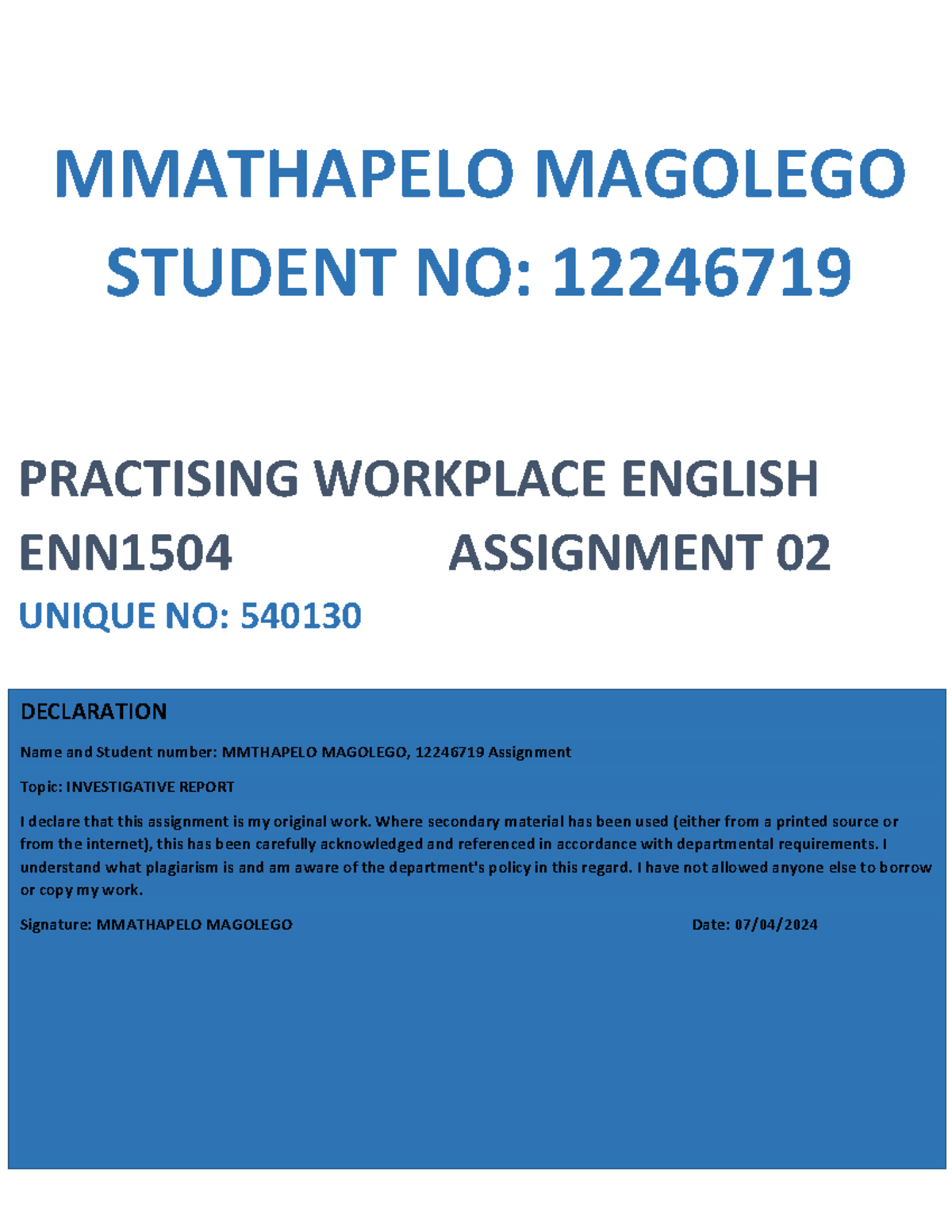 ENN1504 Assignment 02 - This module is offered on blended mode (meaning ...