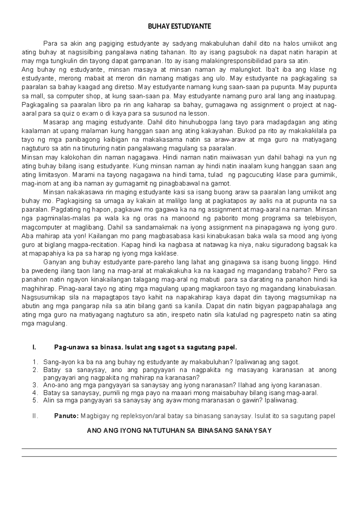 Buhay Estudyante - Sanaysay - BUHAY ESTUDYANTE Para sa akin ang ...