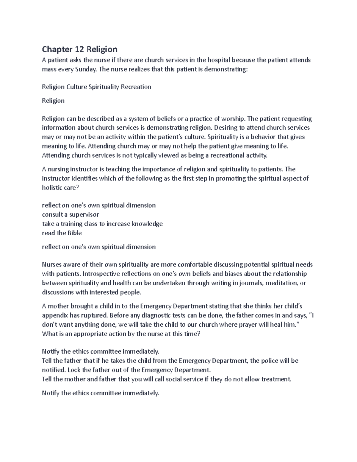 Chapter 12 Religion - Chapter 12 Religion A patient asks the nurse if ...