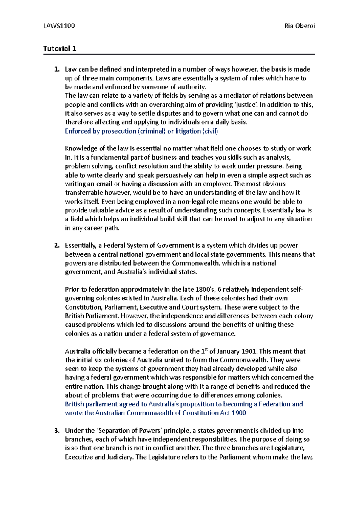 Tutorial 1 - Assessment - LAWS1100 Ria Oberoi Tutorial 1 Law can be ...