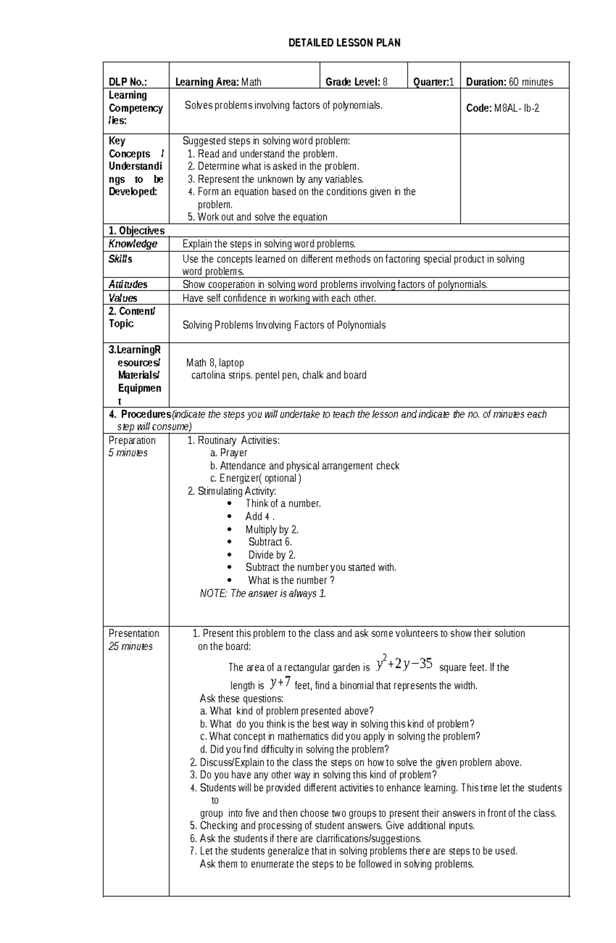Math 8-Gen Math - DETAILED LESSON PLAN DLP No.: Learning Area: Math Grade Level: 8 Quarter: 1 ...