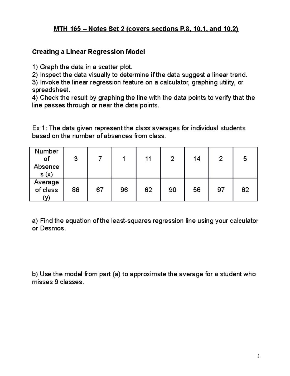 Creating a Linear Regression Model - MTH 165 – Notes Set 2 (covers ...