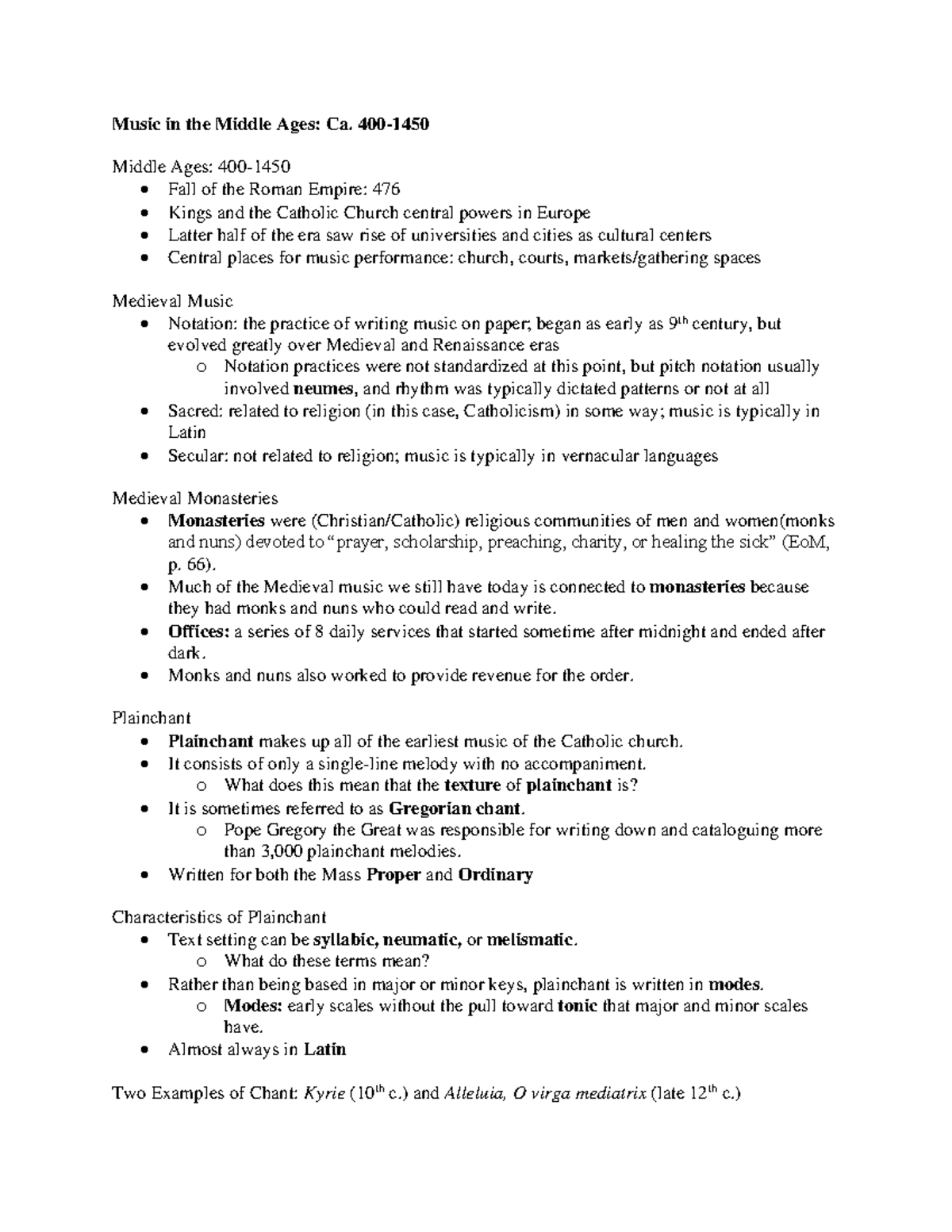 07 Medieval Music - Music in the Middle Ages: Ca. 400- Middle Ages: 400 ...