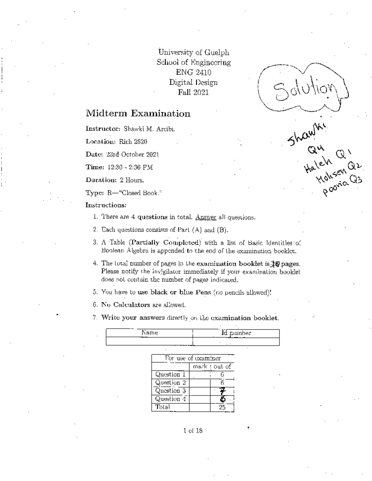 F21 Midterm-Solutions - University of Guelph School of Engineering ENG ...