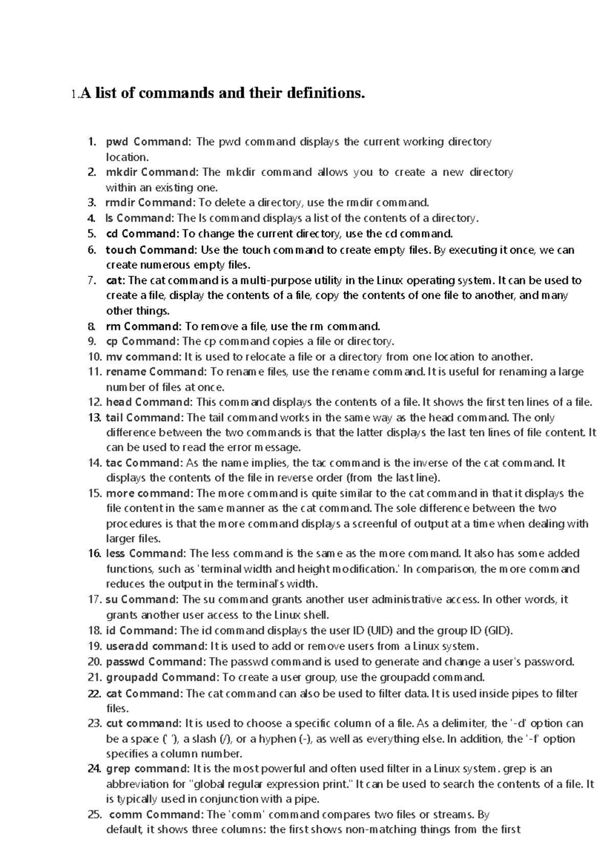 PCA1-Operating Systems Lab 39 - 1 list of commands and their ...