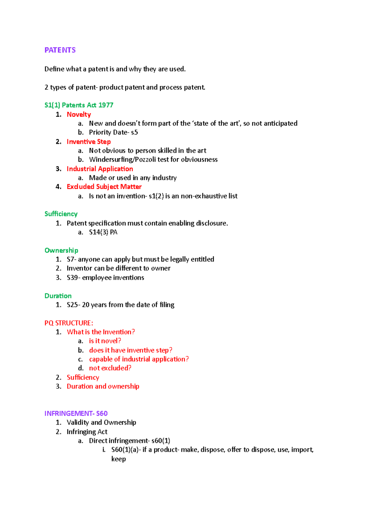 Patents exam checklist - PATENTS Define what a patent is and why they ...