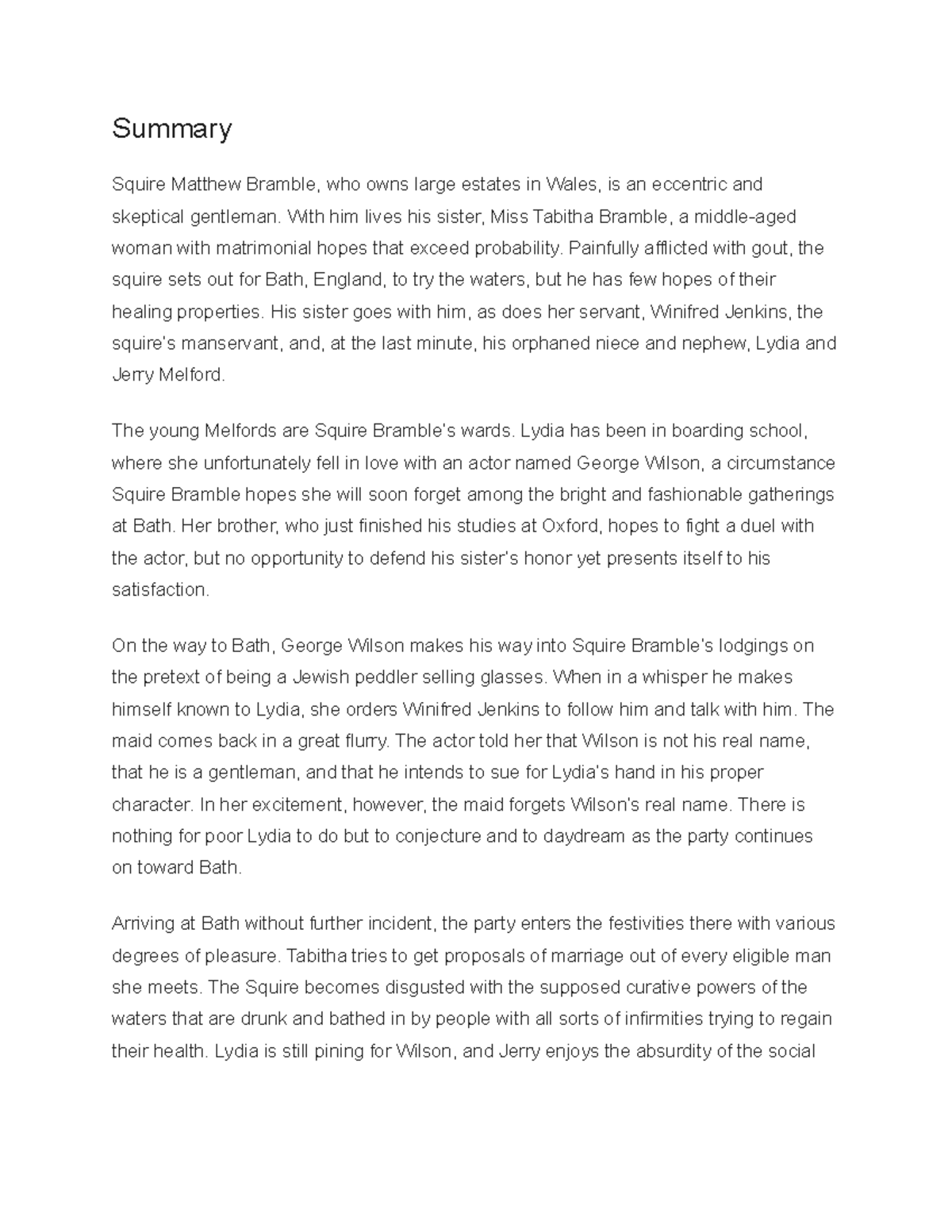 Tobias Smollett - summary - Summary Squire Matthew Bramble, who owns ...