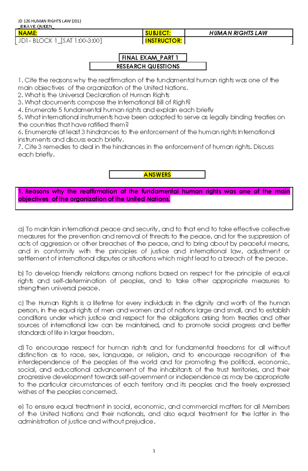 Human Rights Possible Questions - BRAVE QUEEN NAME: SUBJECT: HUMAN ...