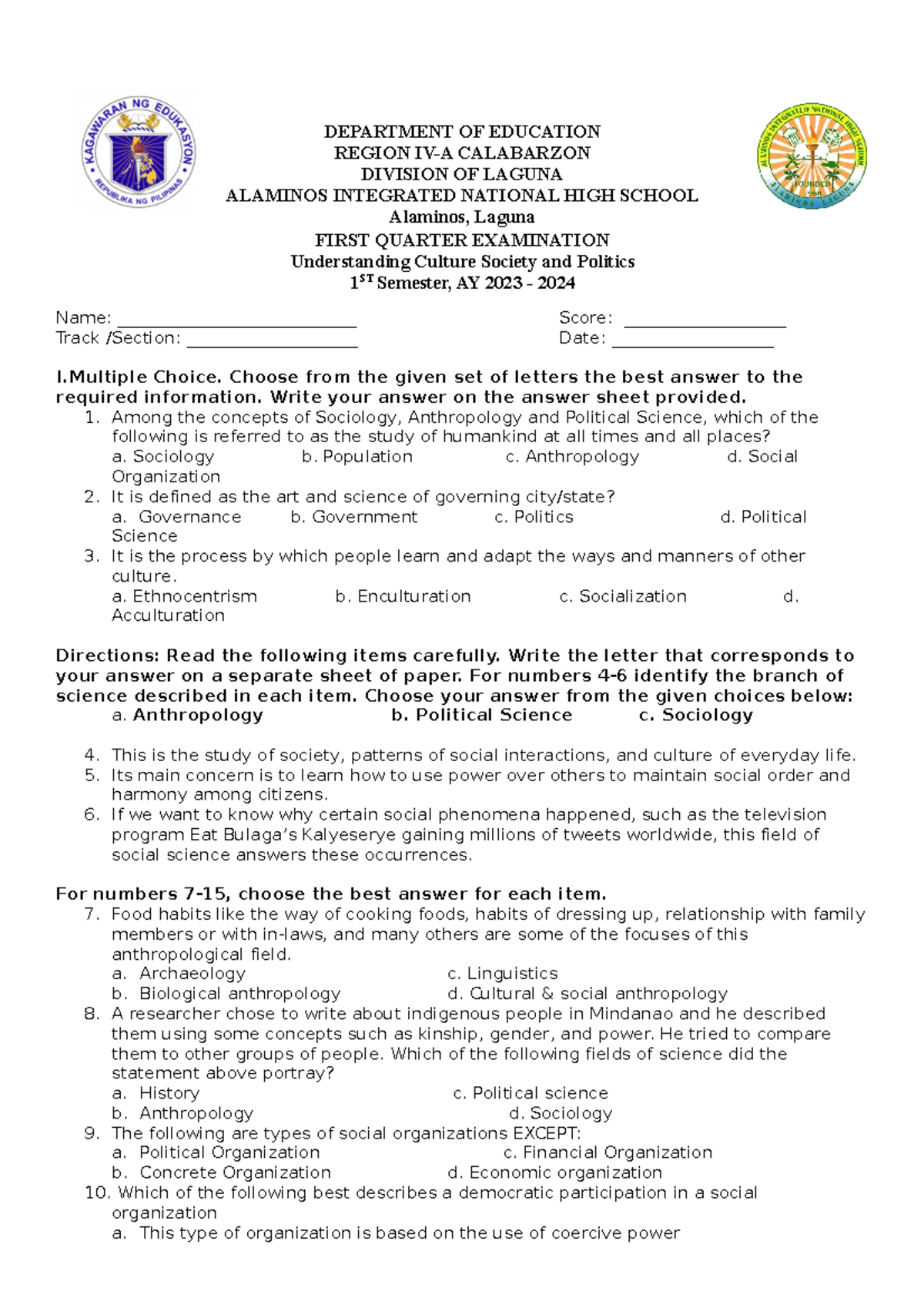 UCSP-1ST QRT EXAM - first quarter exam in ucsp - DEPARTMENT OF ...