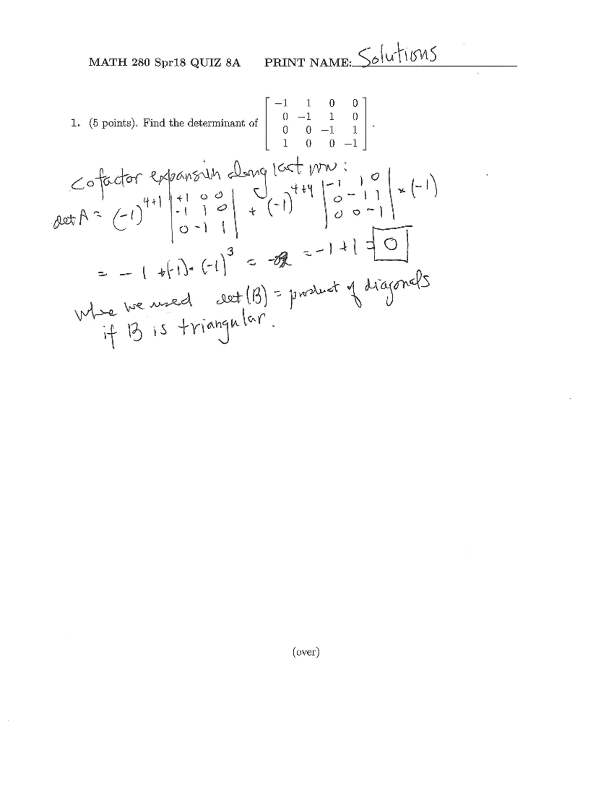 Math 280 Quiz 8 solutions Spring 2018 - MATH 280 Spr18 QUIZ 8A PRINT ...