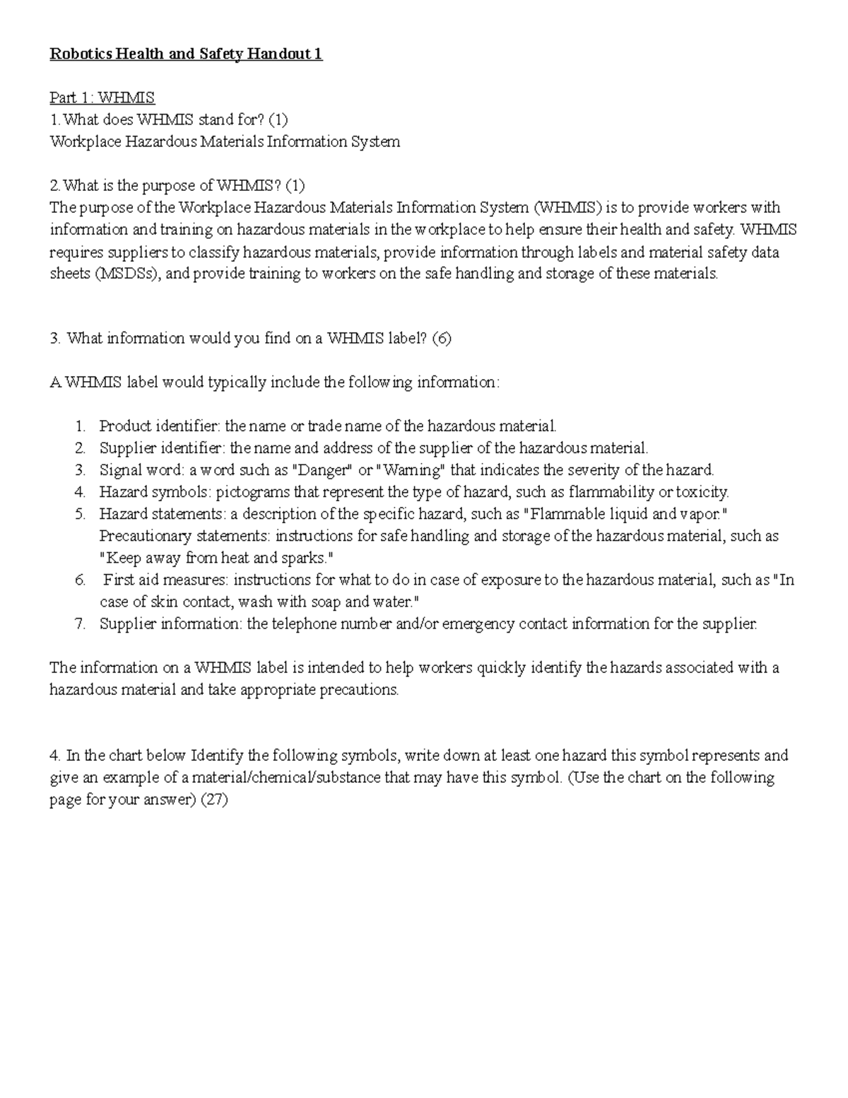 Robotics Health Safety Whmis - Robotics Health and Safety Handout 1 ...