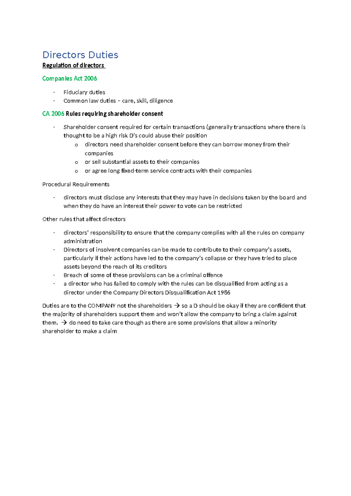 Directors duties notes - Directors Duties Regulation of directors ...