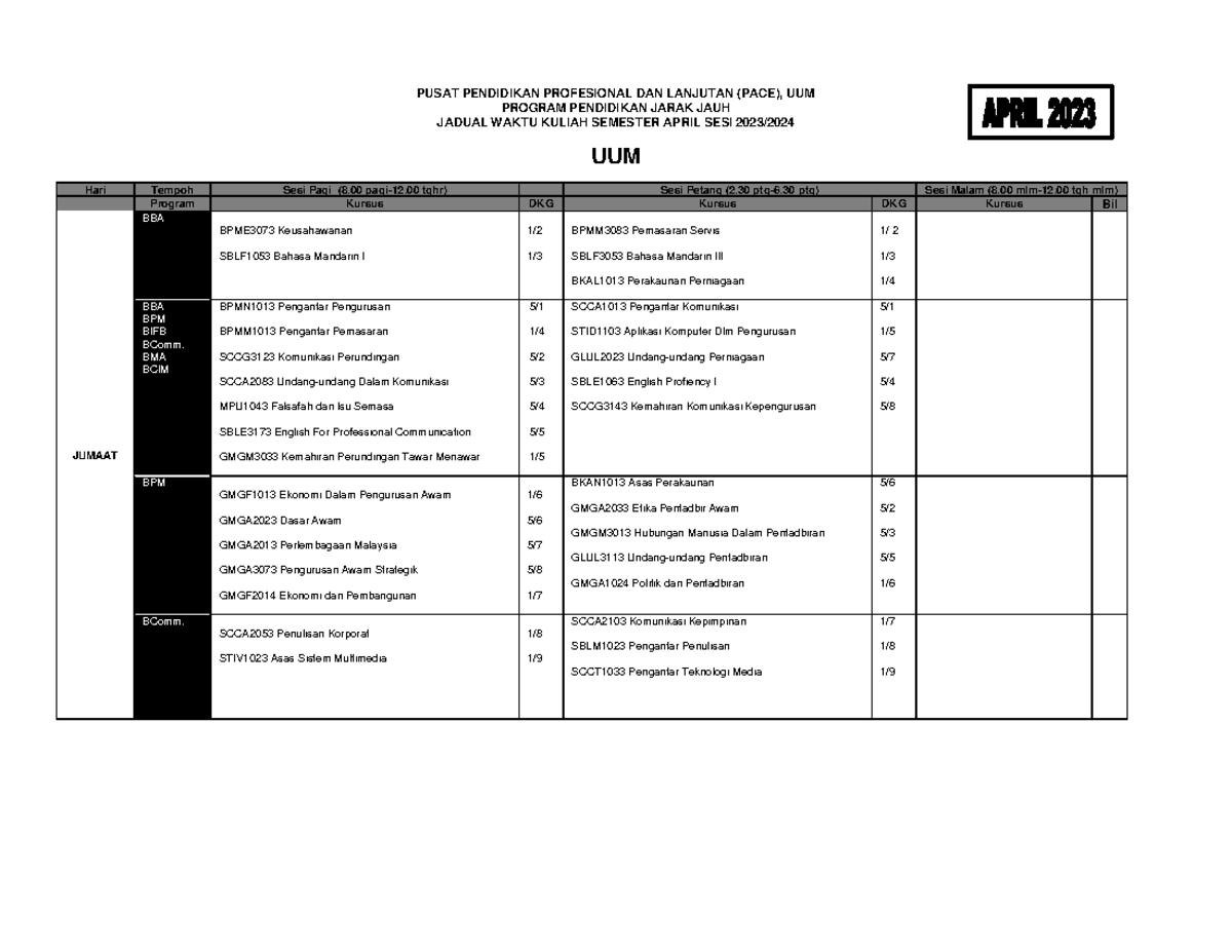 UUM Jadual Kuliah April 2023 - PUSAT PENDIDIKAN PROFESIONAL DAN ...