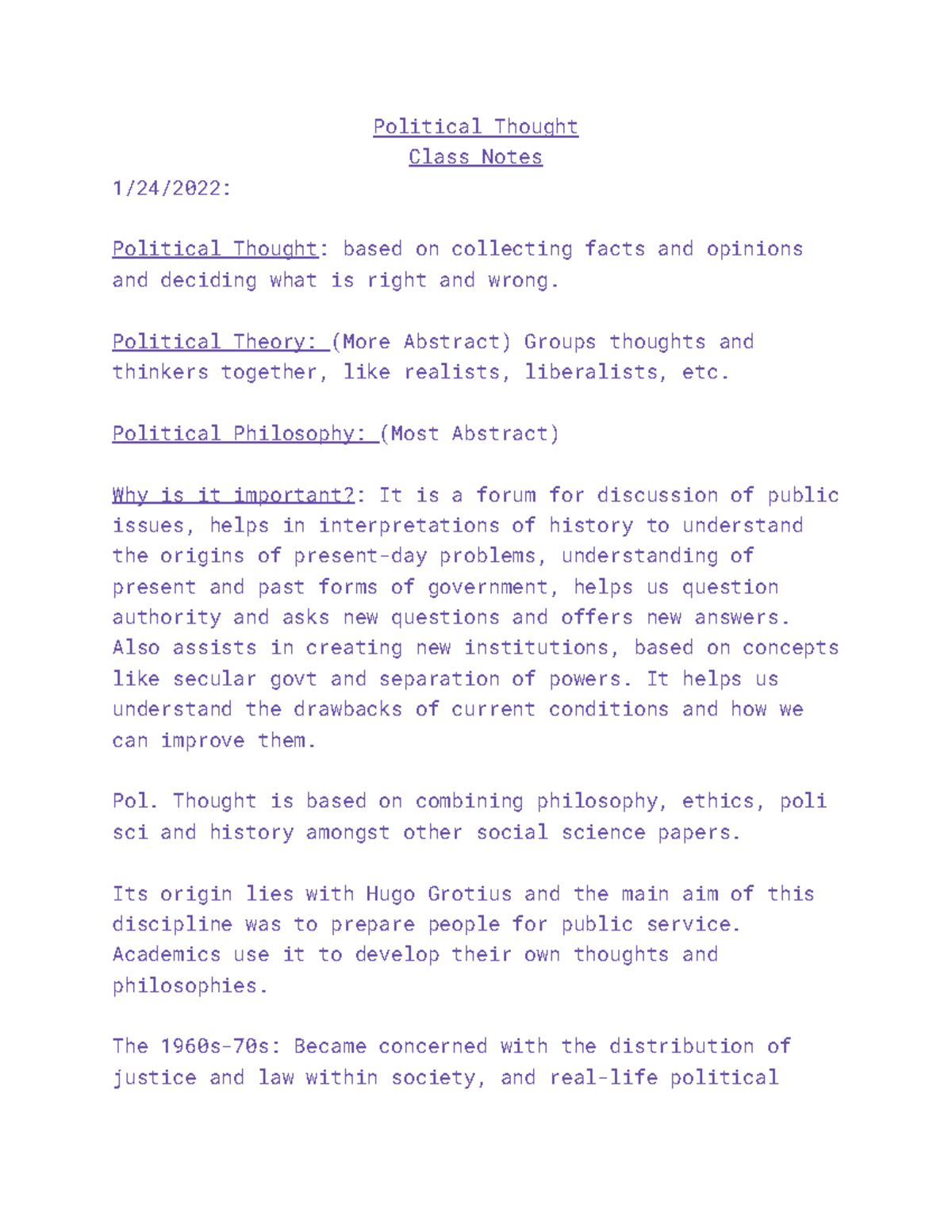 Political Thought Notes SPRING 2022 - Political Thought Class Notes 1 ...