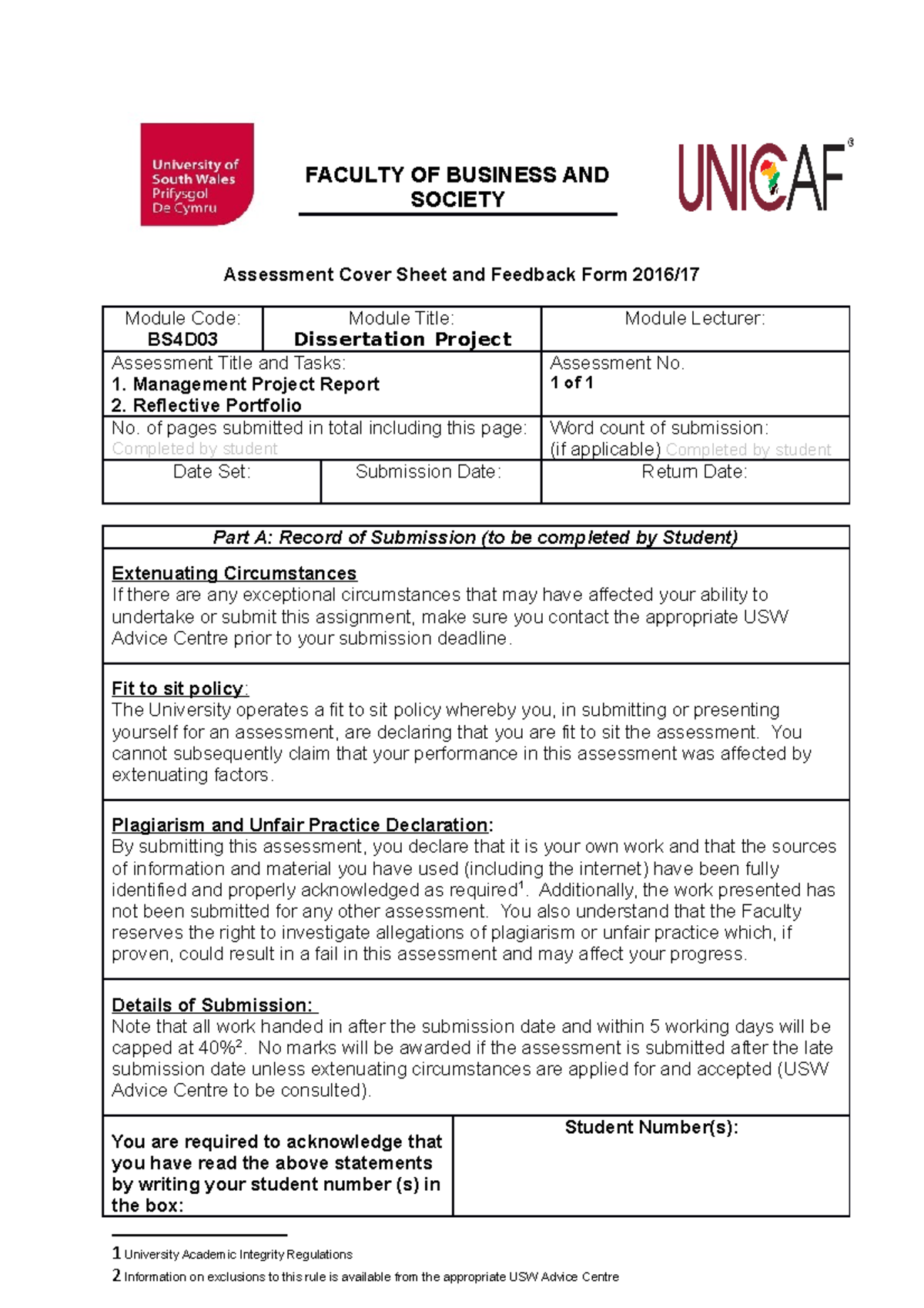 BS4D03 Form - Assessment Cover Sheet for Feedback - FACULTY OF BUSINESS ...