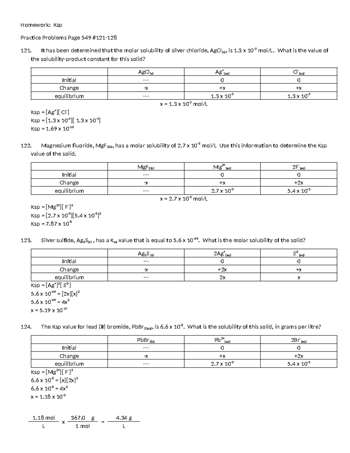 Ksp practice material - Homework: Ksp Practice Problems Page 549 #121 ...