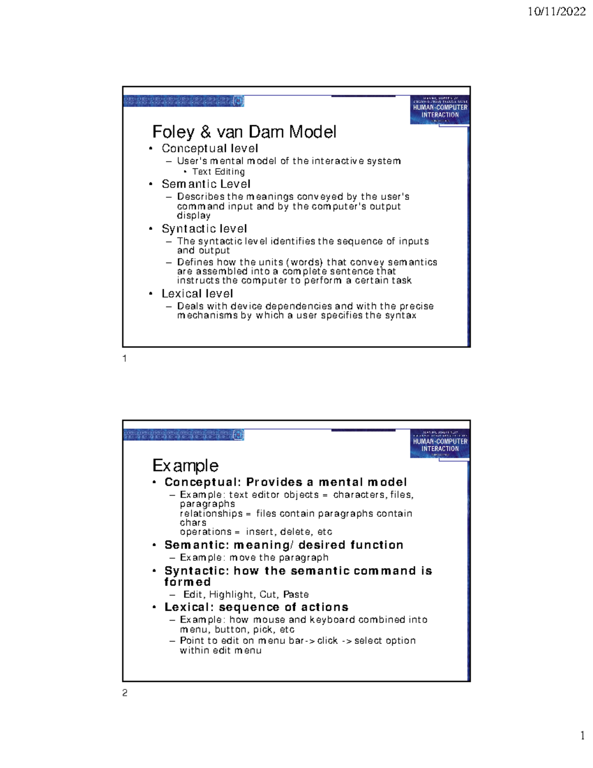 Interaction Models - Foley & van Dam Model • Concept ual level – User's ...